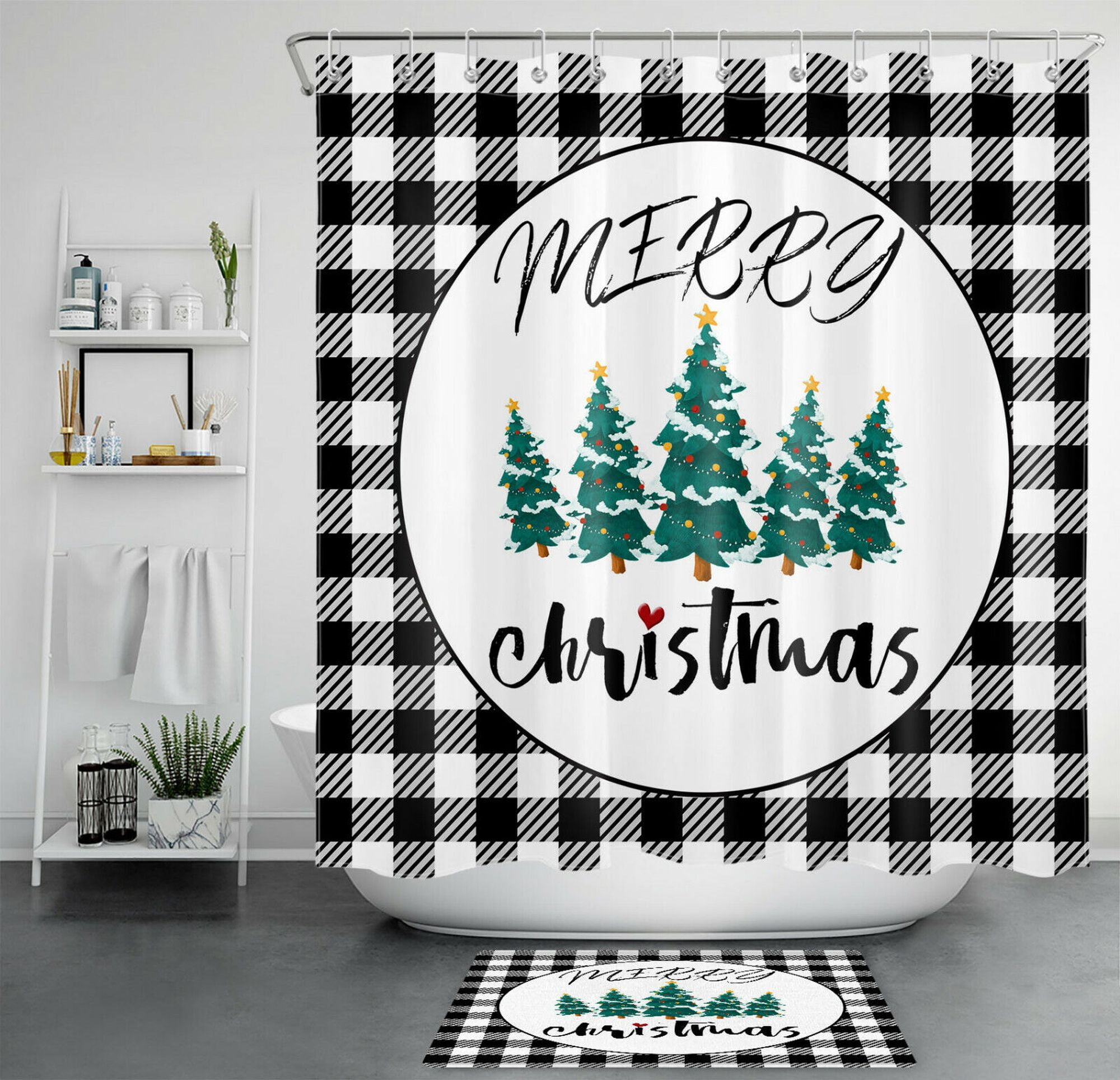 Check Christmas Tree Shower Curtain - Black and White Bath Decor Set ...