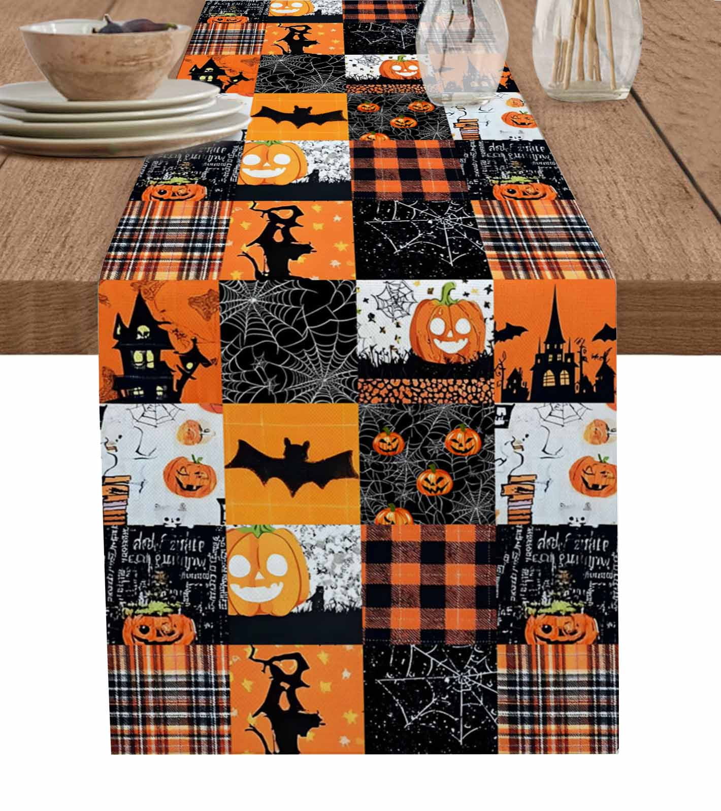Check Halloween Table Runner 70 Inches, Orange Black Pumpkin Bat ...