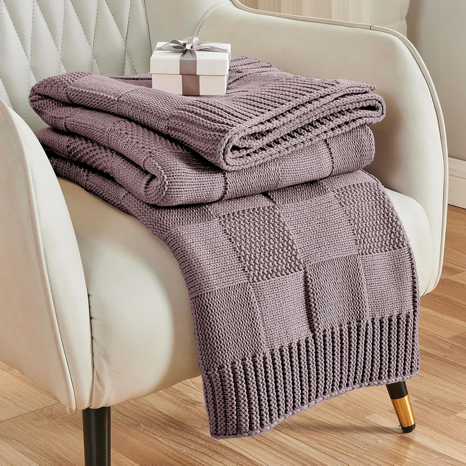 Check Knit Throw Blanket, Light Purple Checkered Throw for Couch ...