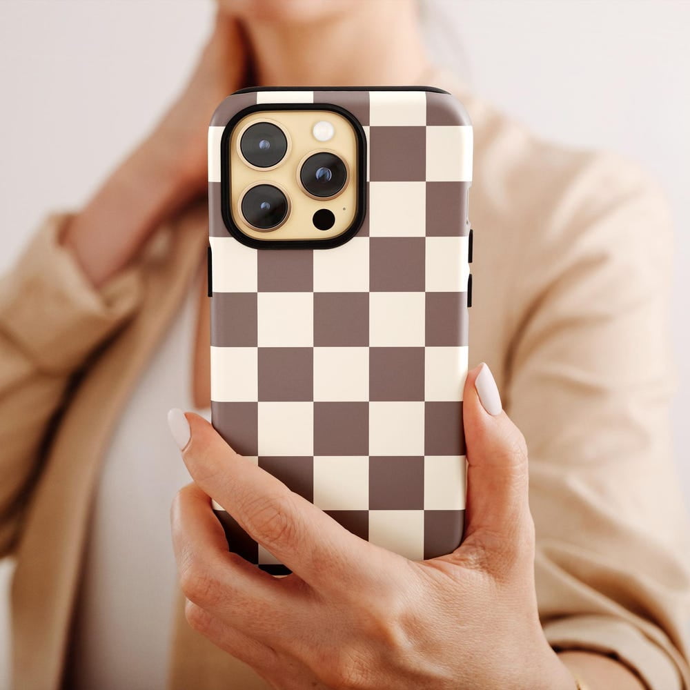 Check Muted Neutral Brown Checkered Phone Case with iPhone 17 to 11 Pro ...