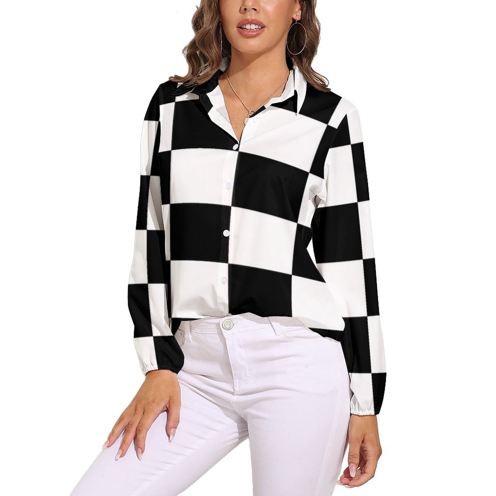 Check Pattern Checks Checkered Black & White.jpeg Long Sleeve Blouse ...
