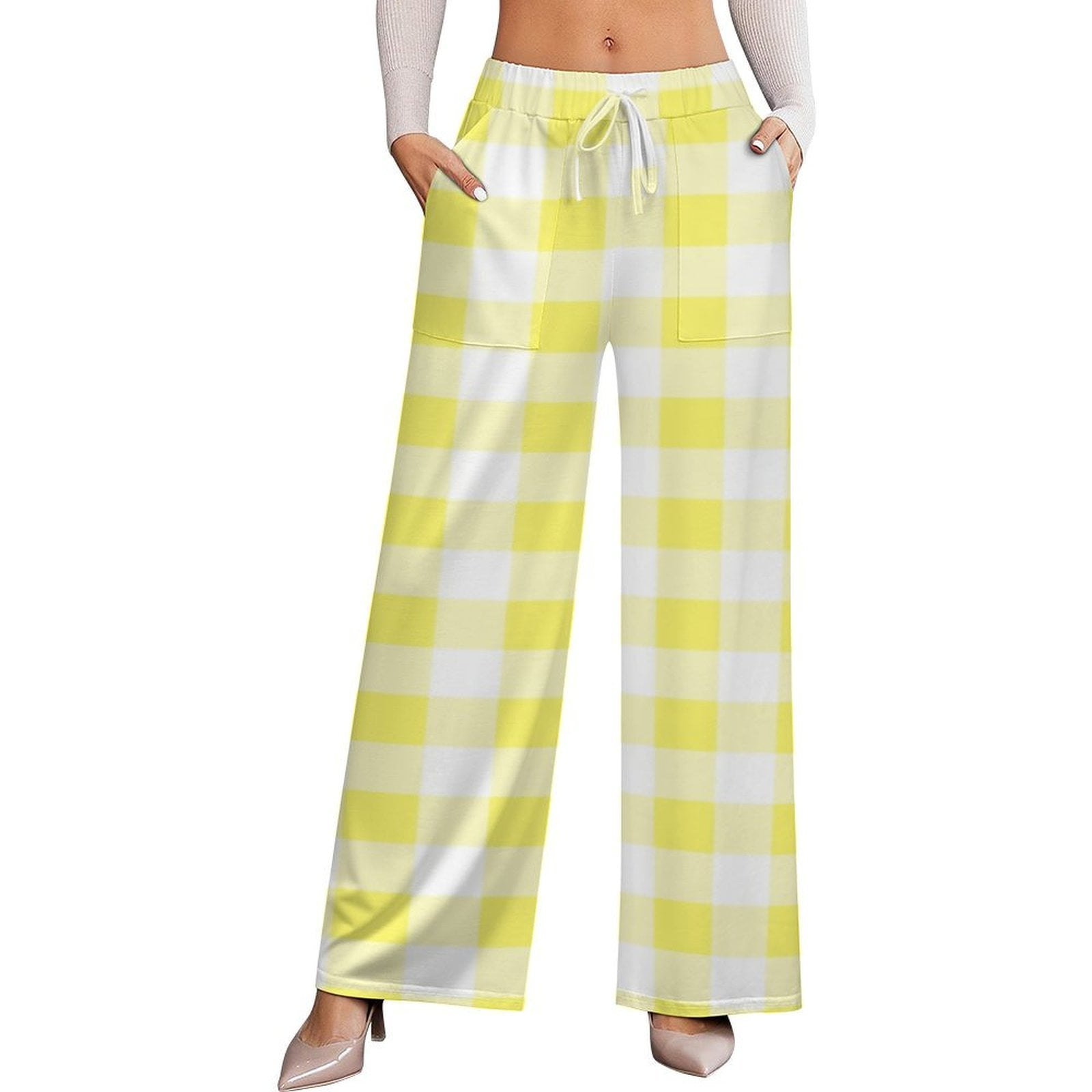 Check Pattern Yellow And White Women's Casual Wide Leg Pants Comfort ...