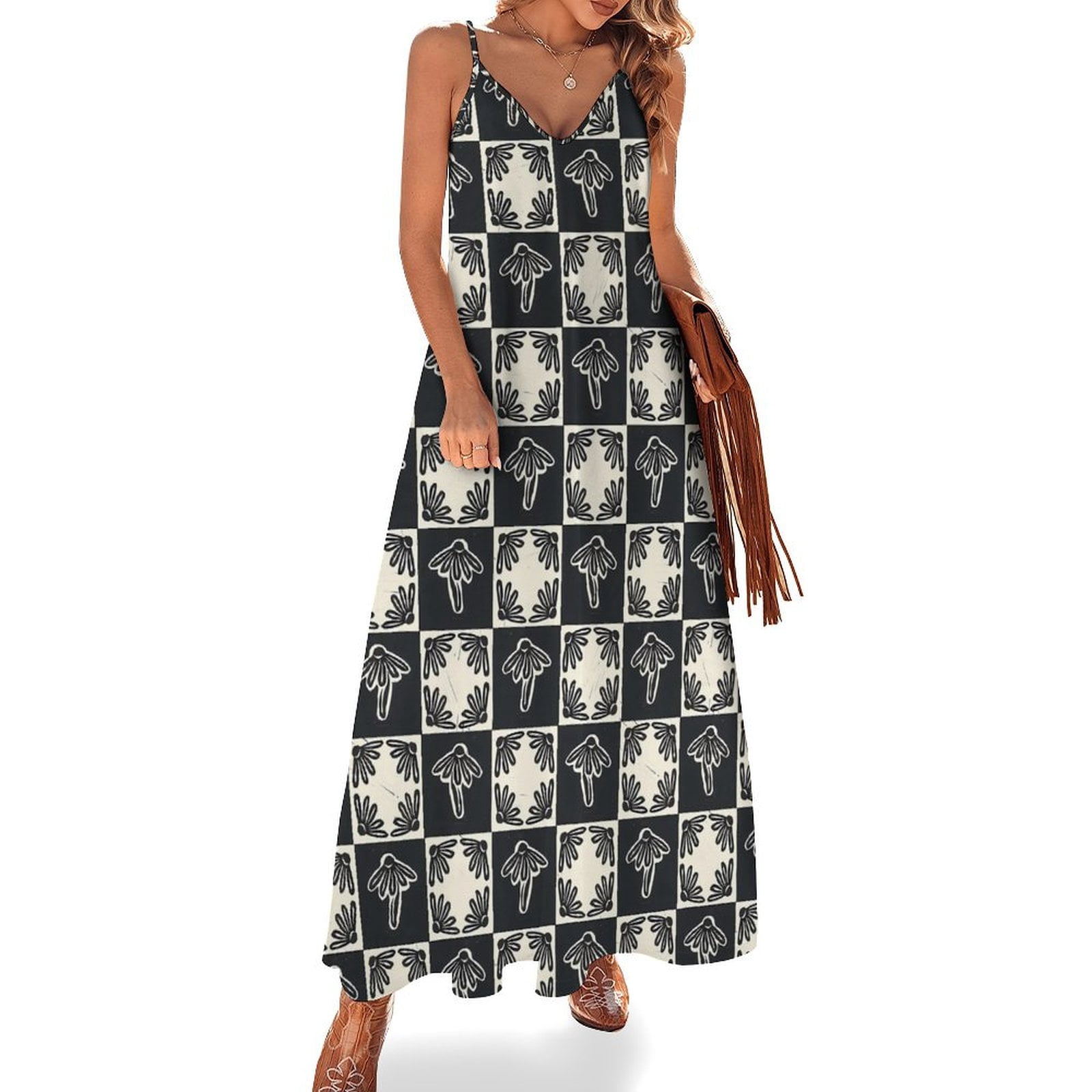 Check Print Dress Black and White Contrast Aesthetic V Neck Casual Long ...
