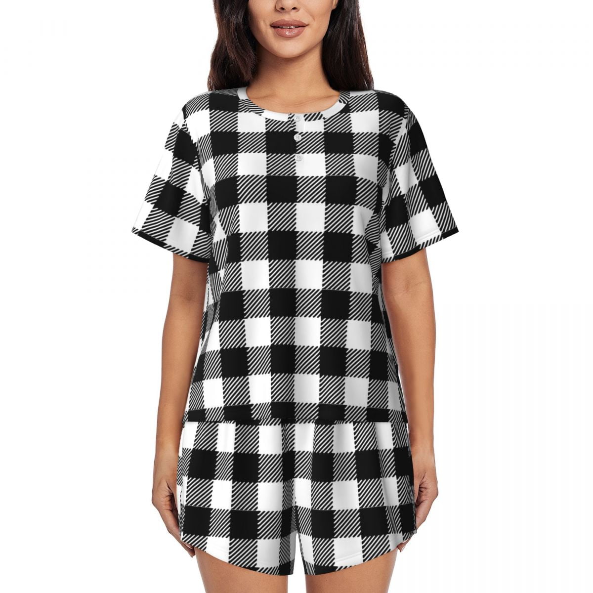 Check Print Pajamas Black and Purple Aesthetic O Neck Nightwear Female ...