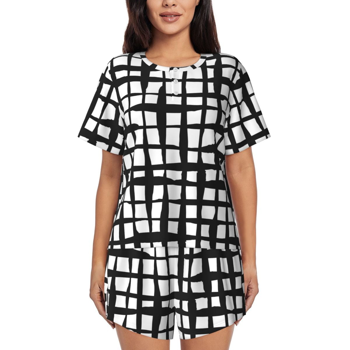 Check Print Pajamas Black and Purple Aesthetic O Neck Nightwear Female ...