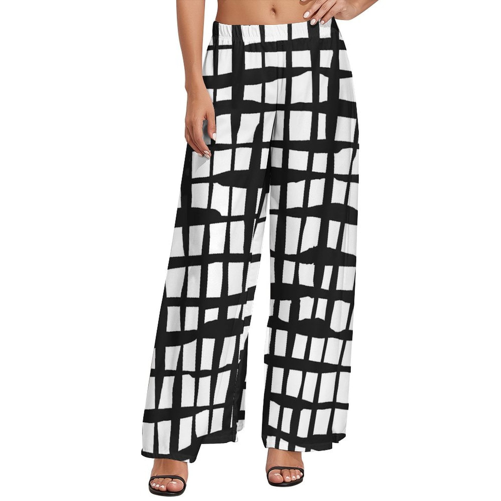 Check Print Pants High Waist Black and White Contrast Casual Trousers ...