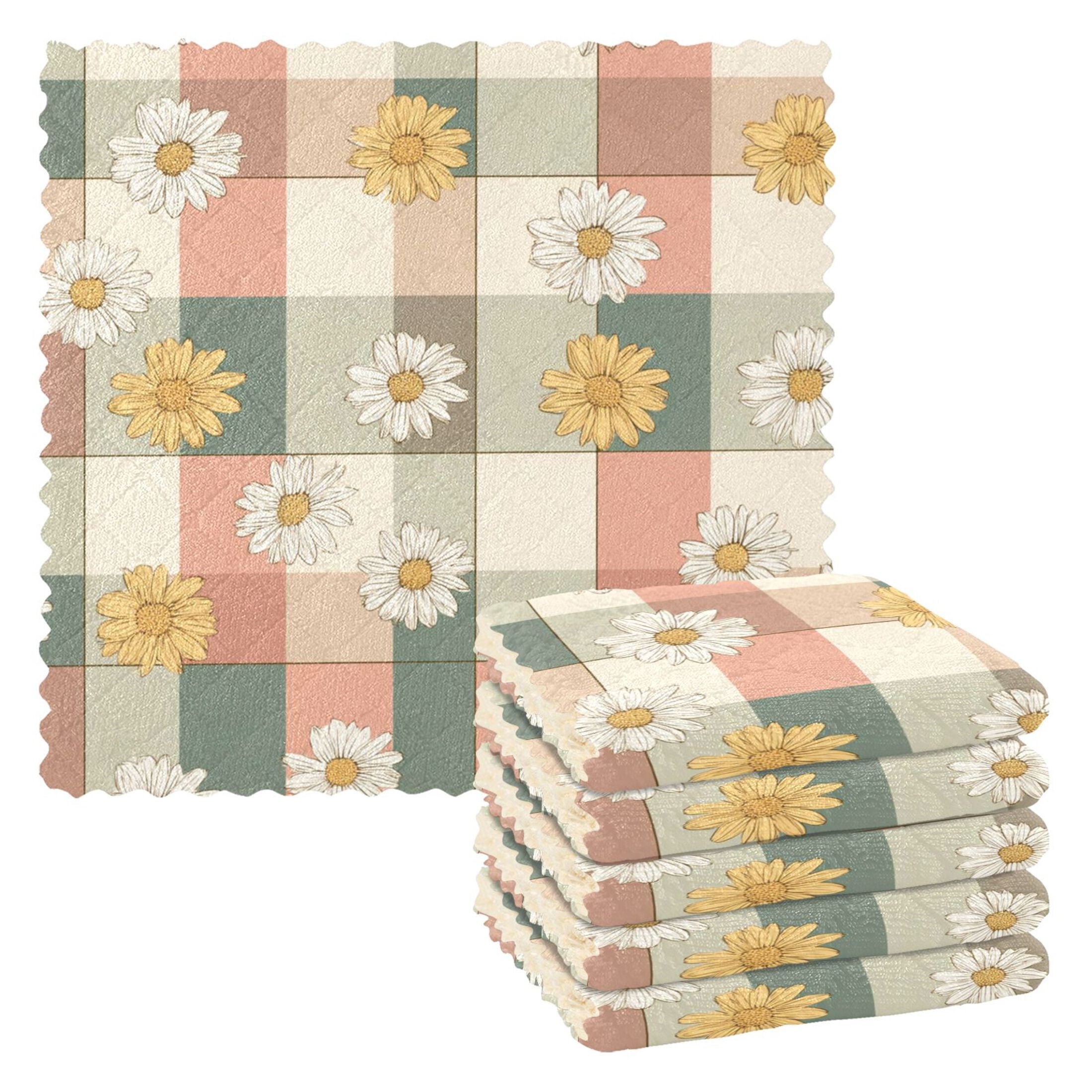 Checked Daisies Kitchen Cloth Dish Towels for Drying Washing Absorbent ...