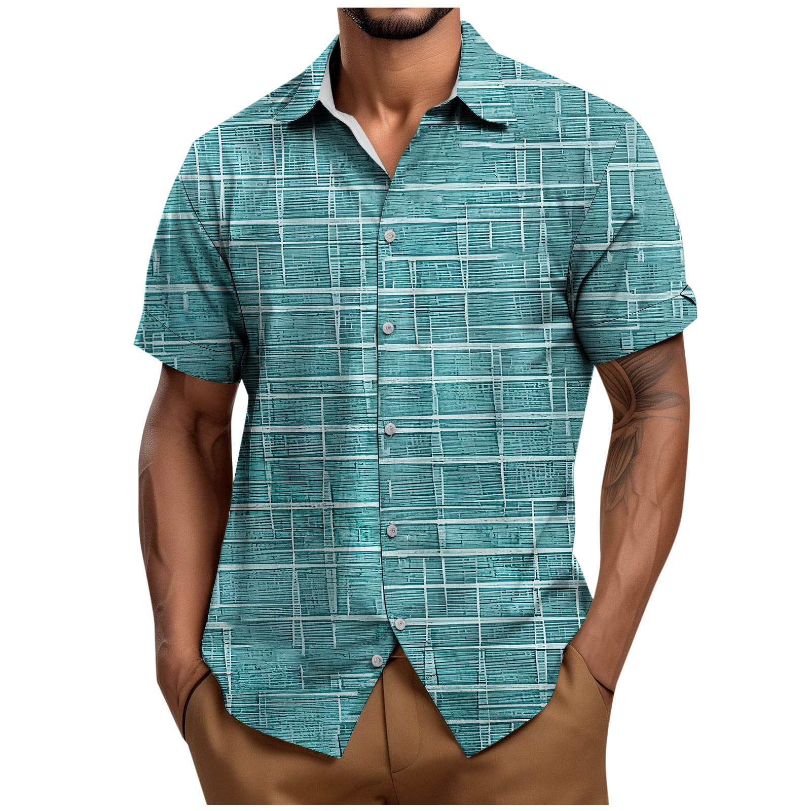 Checked Polo Shirts For Mens Lapel Short Sleeve Tops Front Button ...