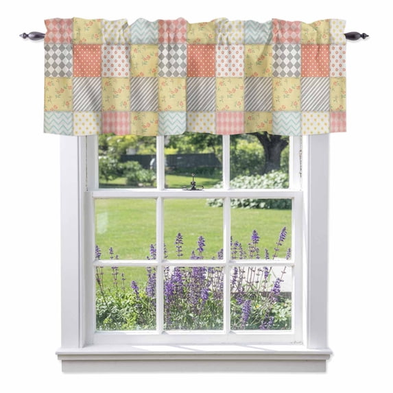Checked Squares Valances for Windows, Farmhouse Pink Beige Rustic ...