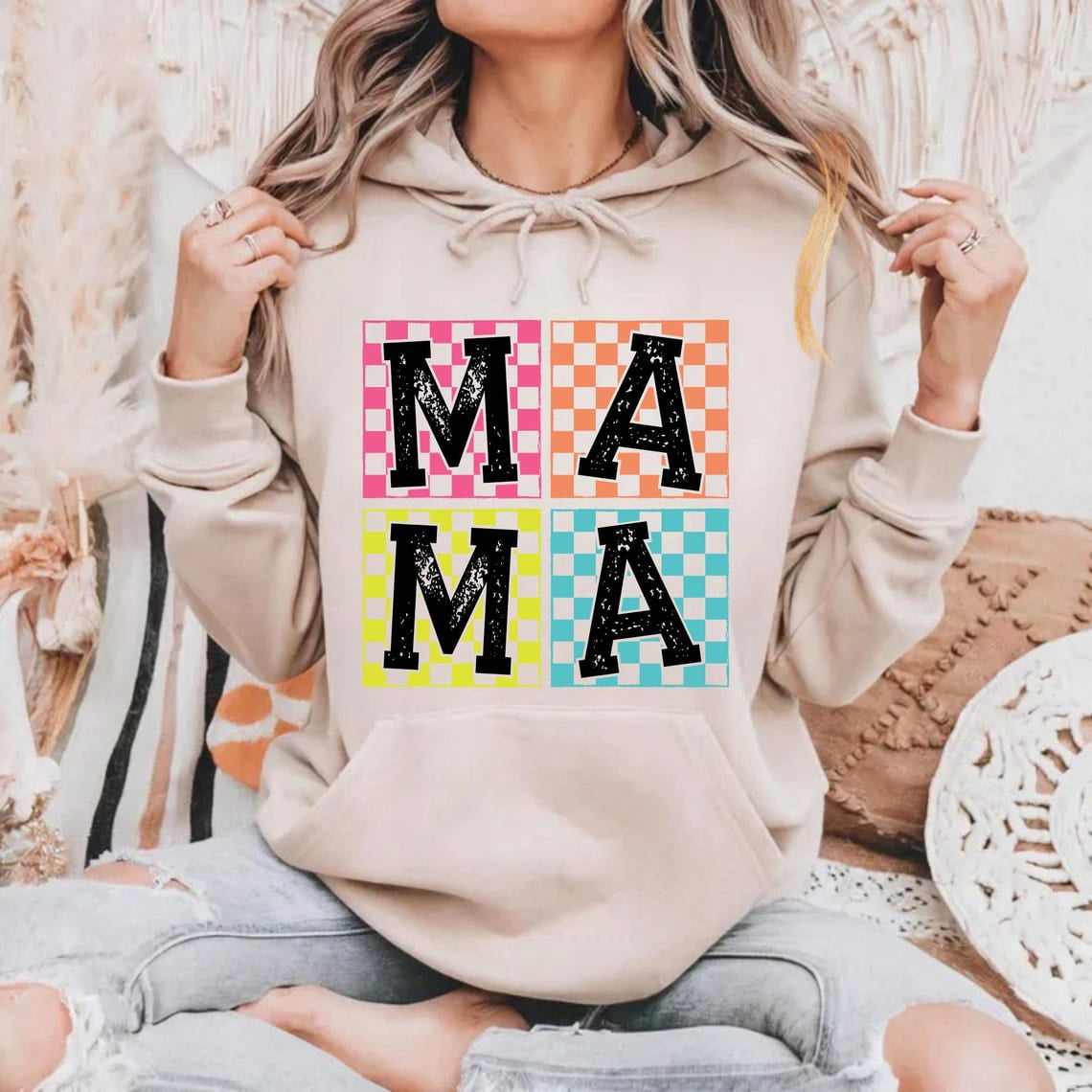 Checker Mama Hoodie – Trendy Mom Shirt, Aesthetic Checkered Print Tee ...