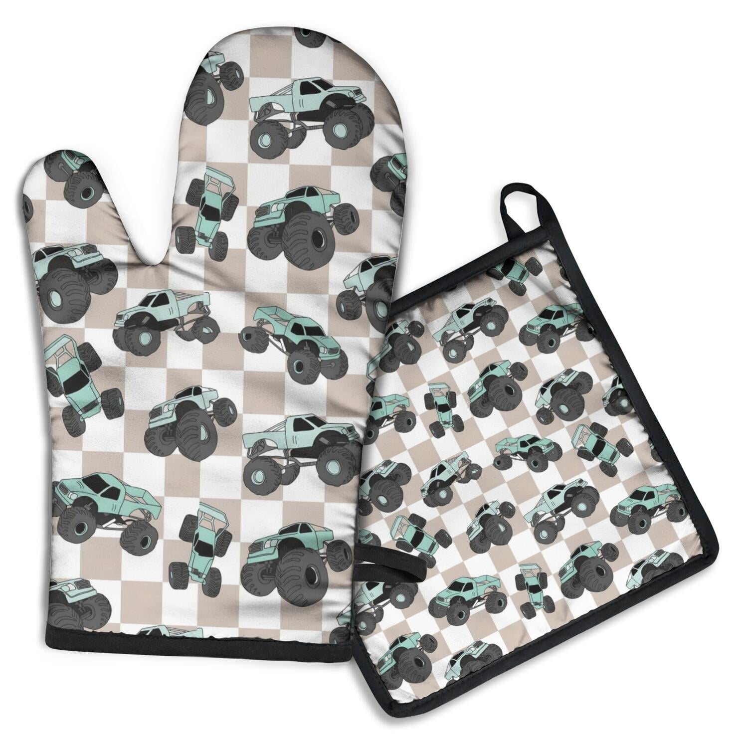 Checker Monster Cartoon Trucks Pattern Kitchen Oven Mitt and Pot Holder ...