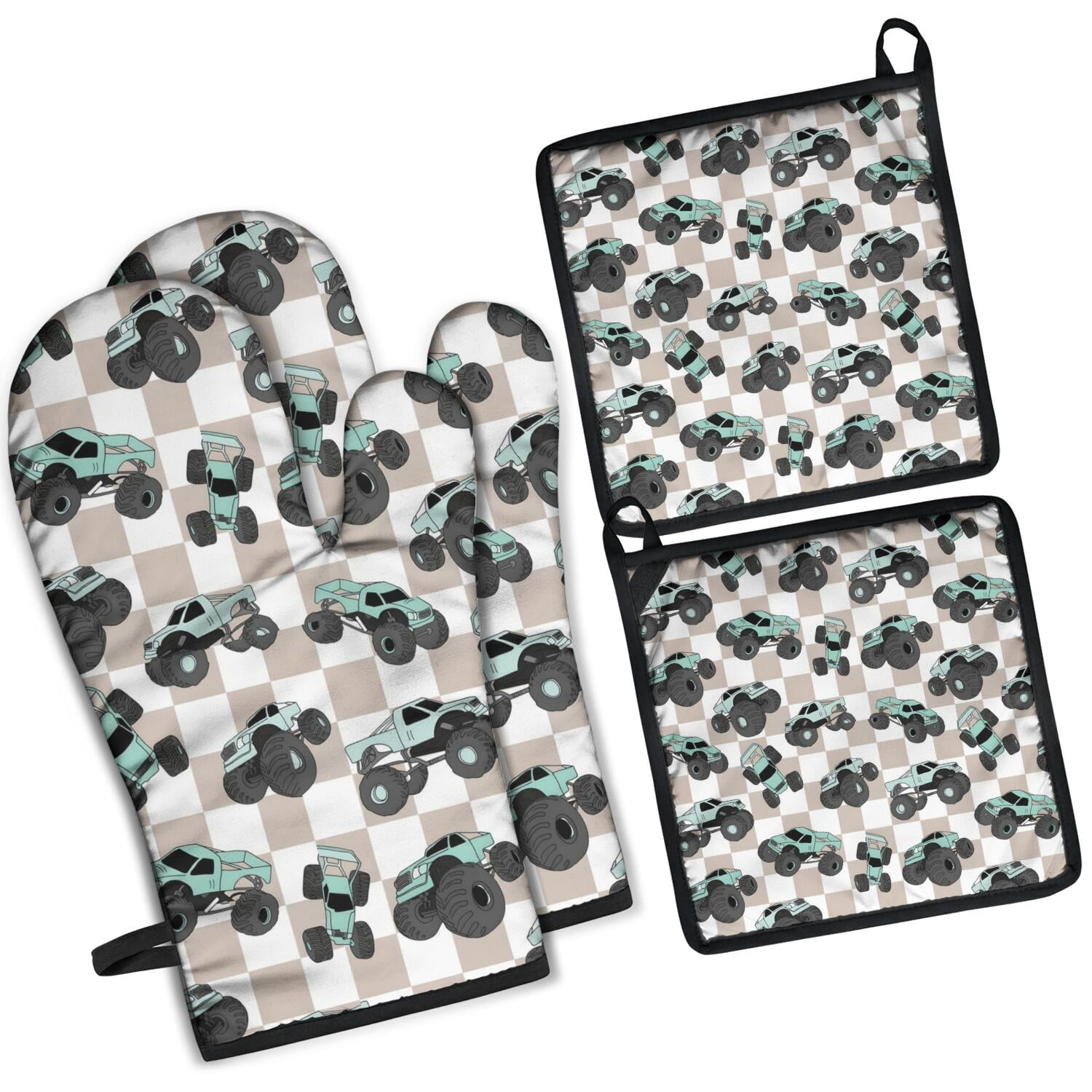Checker Monster Cartoon Trucks Pattern Kitchen Oven Mitt and Pot Holder ...