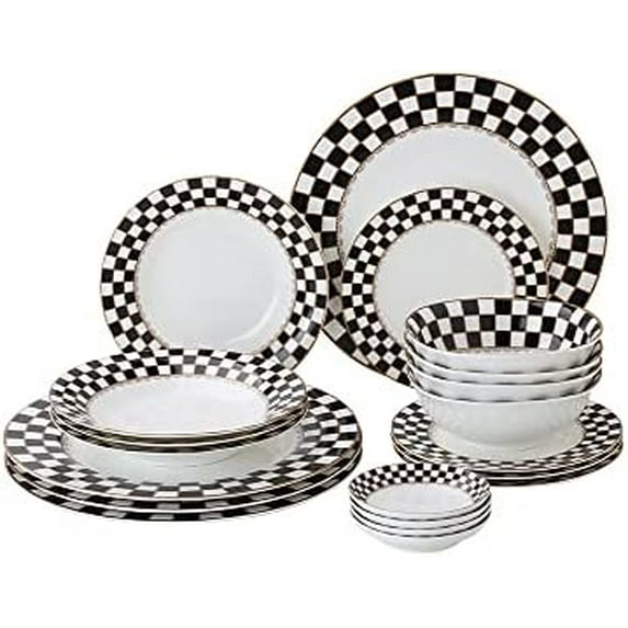 Checker Pattern 20-piece Round Dinnerware Set for 4, Porcelain Dinner ...