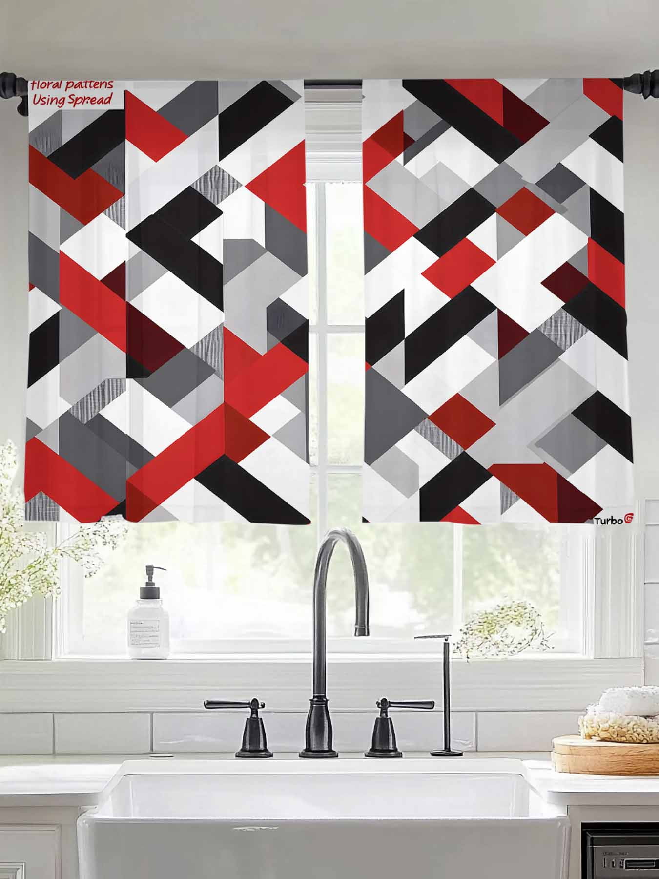 Checker Pattern Sheer Curtains 54 Inches Long 2 Panels Abstract Red ...