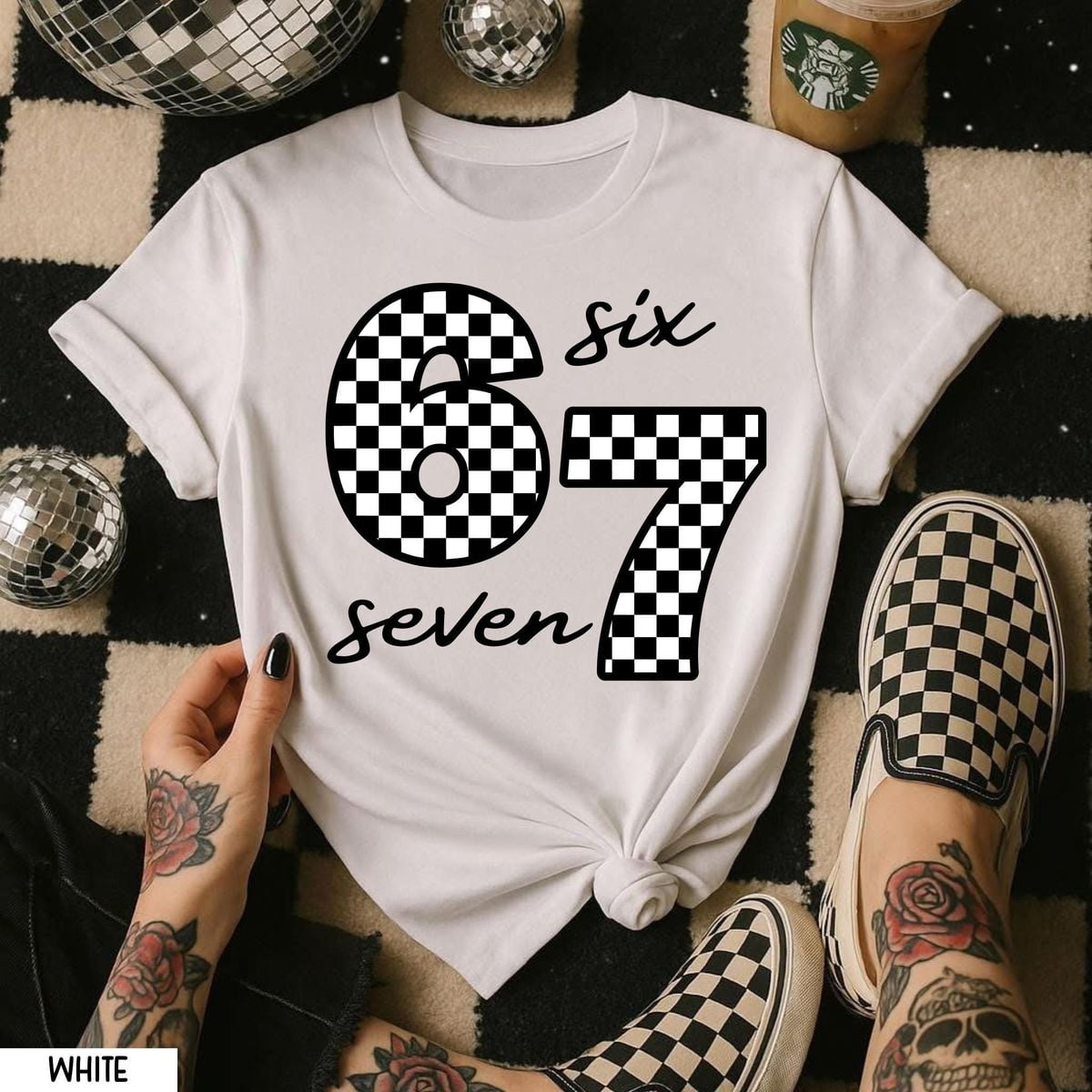 Checkerboard 67 T-Shirt, Six Seven Retro Tee, Checkered Number Top ...