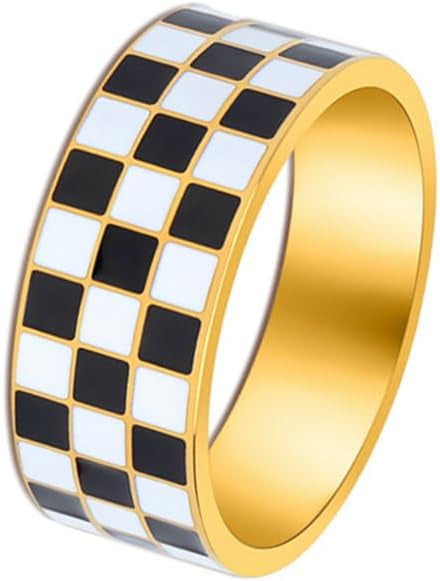 Checkerboard Bands Ring 14k Gold Plated Rings Stainless Steel Polished ...
