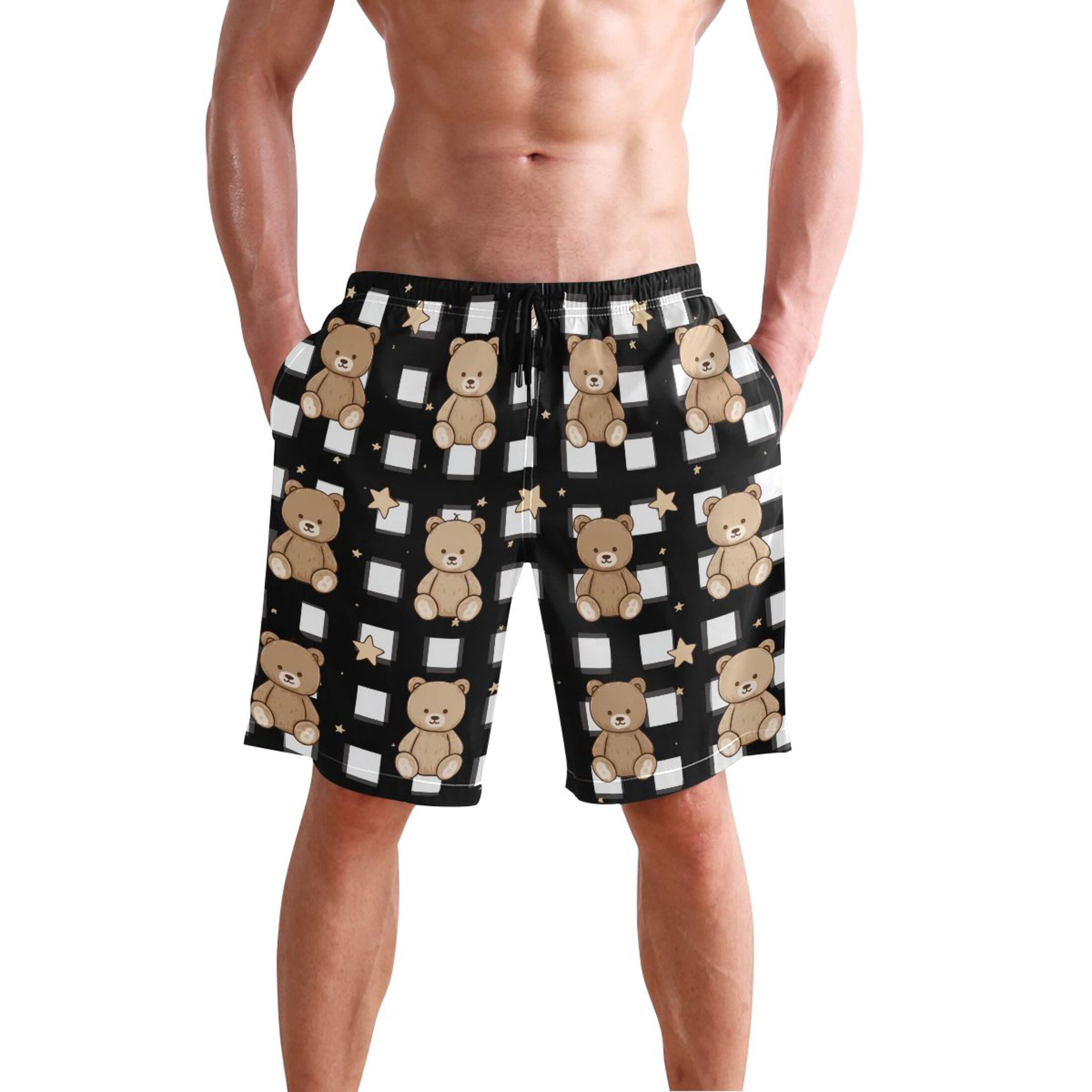 Checkerboard Bear Stars Cute Men's Swim Trunks Beach Shorts Bathing ...
