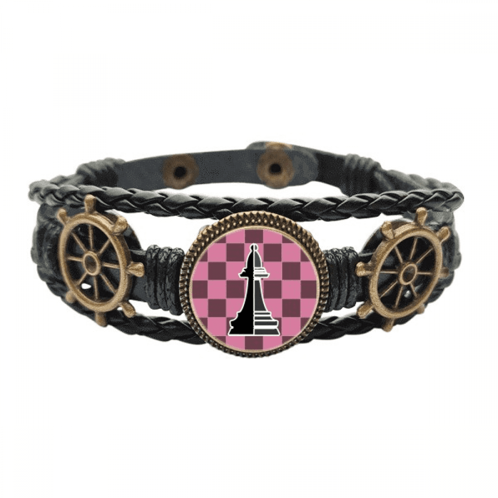 Checkerboard Bishop Black Word Chess Leather Braided Ocean Bracelet ...