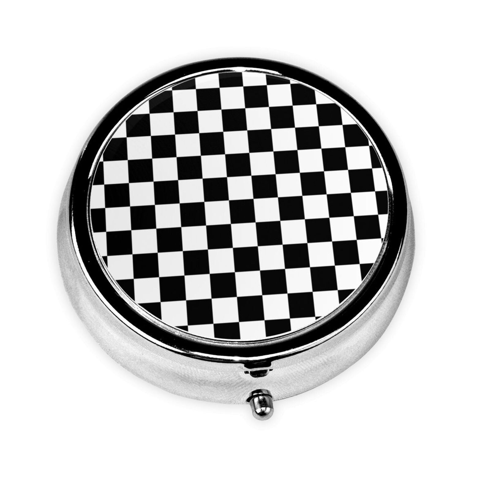 Checkerboard Black And White Pill Case Pill Box Round 3 Compartment ...