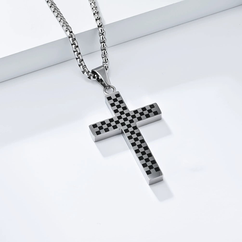 Checkerboard Cross Necklace for Men Women 14K White Gold Pendants ...