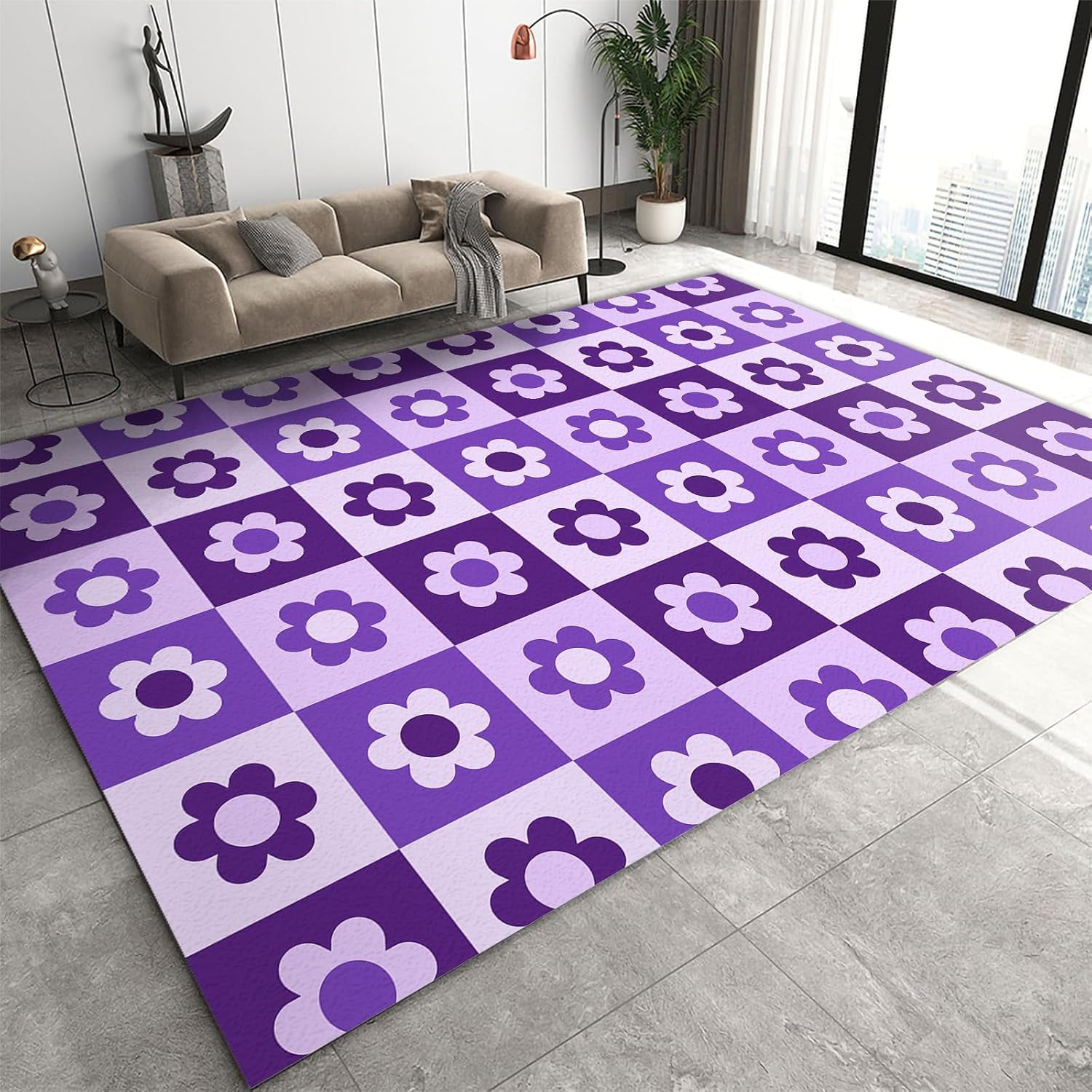 Checkerboard Daisies Purple Rug, Minimalist Home Non Slip Throw Accent ...