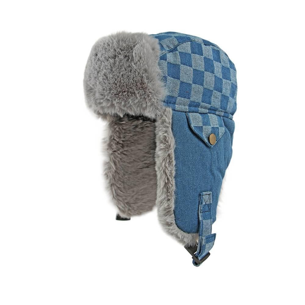 Checkerboard Denim Lei Feng Hat for Women Winter Ear Protection Warmth ...