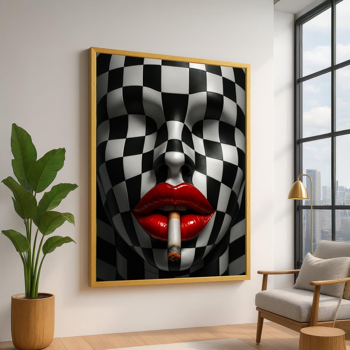 Checkerboard Face Art With Red Lips And Cigarette Canvas, Bold Modern ...