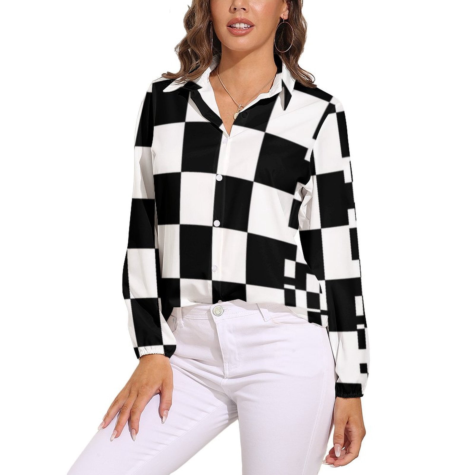 Checkerboard Illusion Art Vntage Casual Long Sleeve Shirt Blouse Woman ...