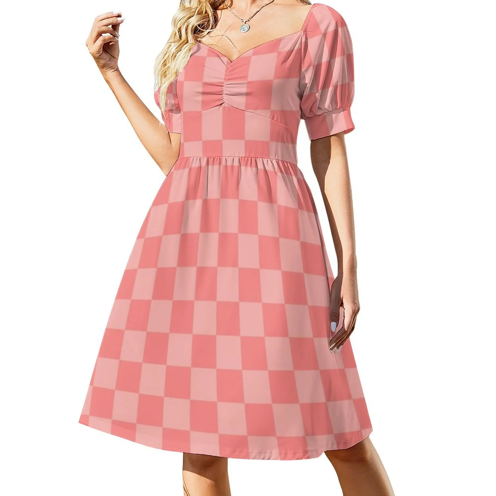 Checkerboard Mini Check Pattern in Double Blush Pink Sleeveless Dress ...