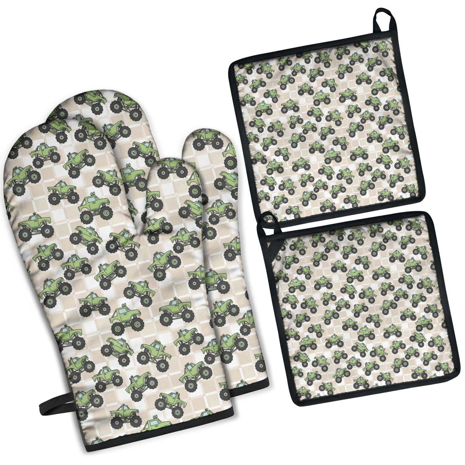 Checkerboard Monster Cartoon Trucks Pattern Kitchen Oven Mitt and Pot ...