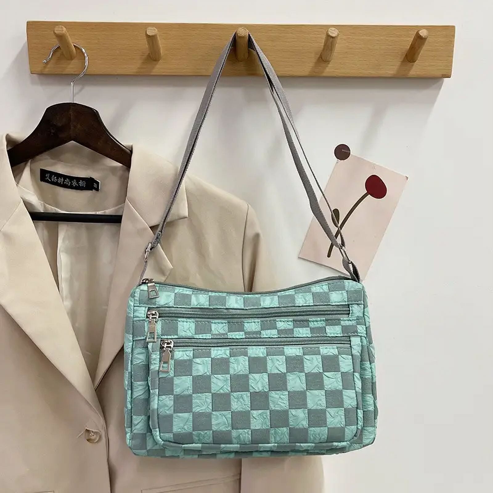 Checkerboard Pattern Nylon Shoulder Bag, Women's Trendy Crossbody Purse ...