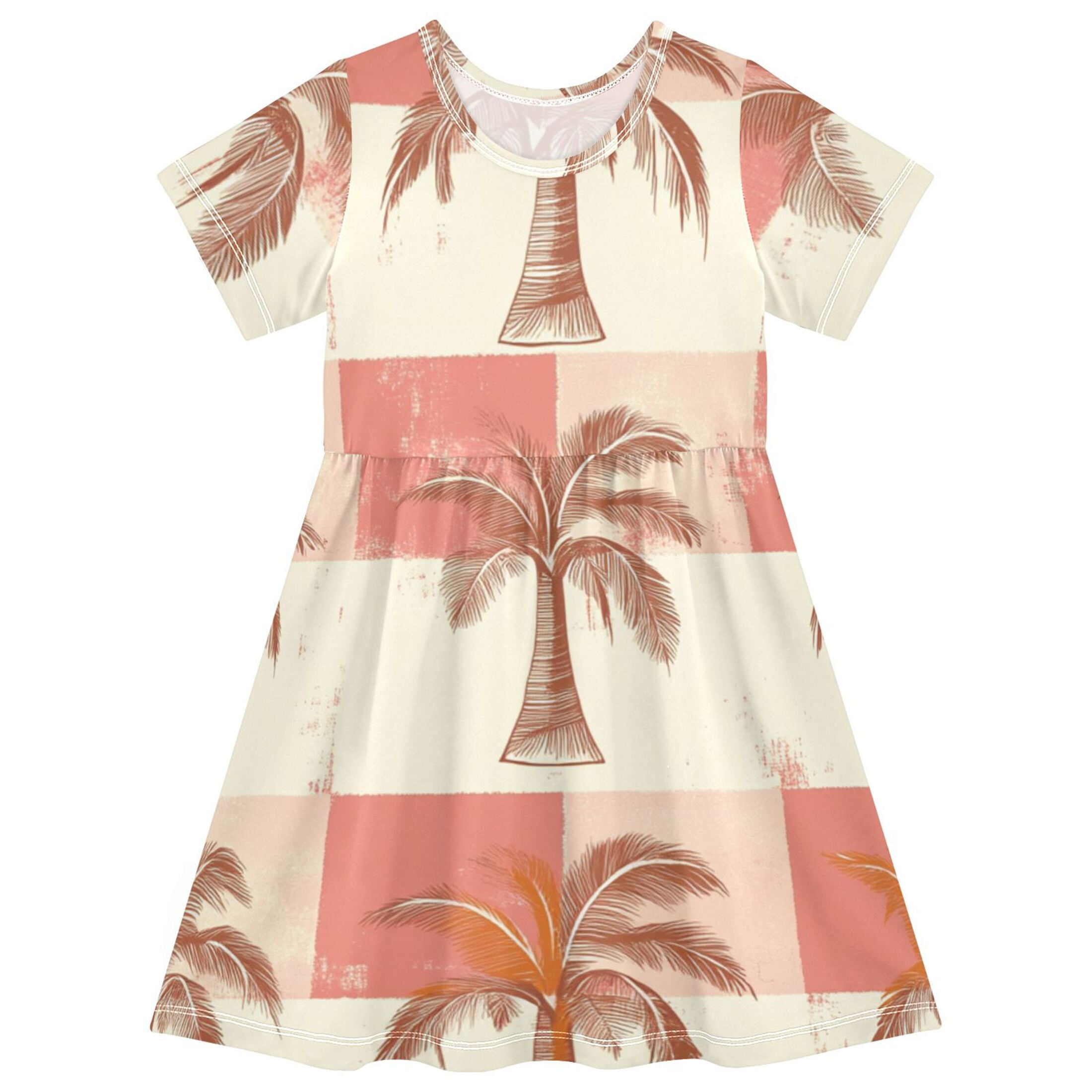 Checkerboard Plaids Coconut Trees Retro Girls' Short Sleeve Dress A ...