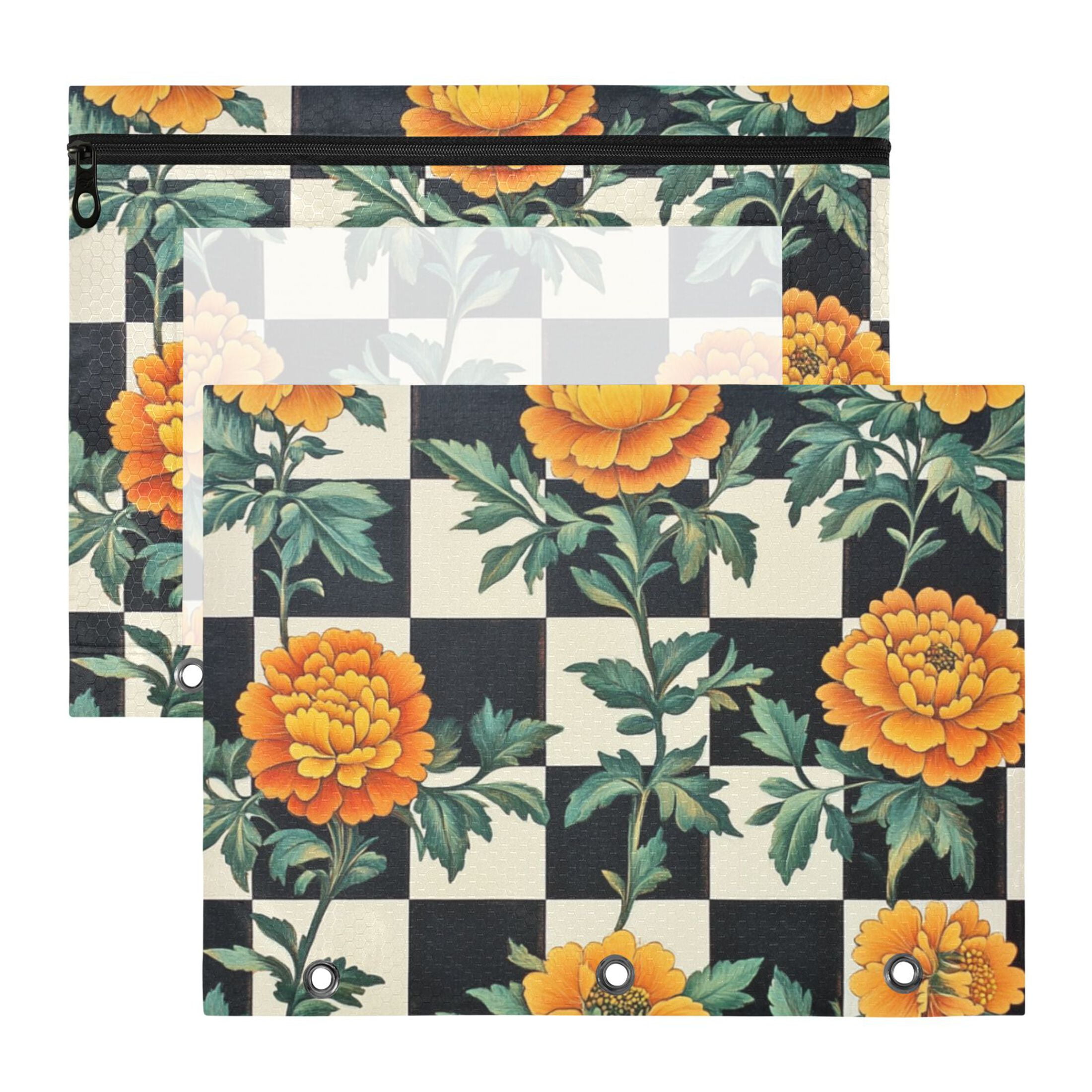 Checkerboard Plaids Yellow Flowers 3-Ring Binder Pouches A4 Size Zipper ...