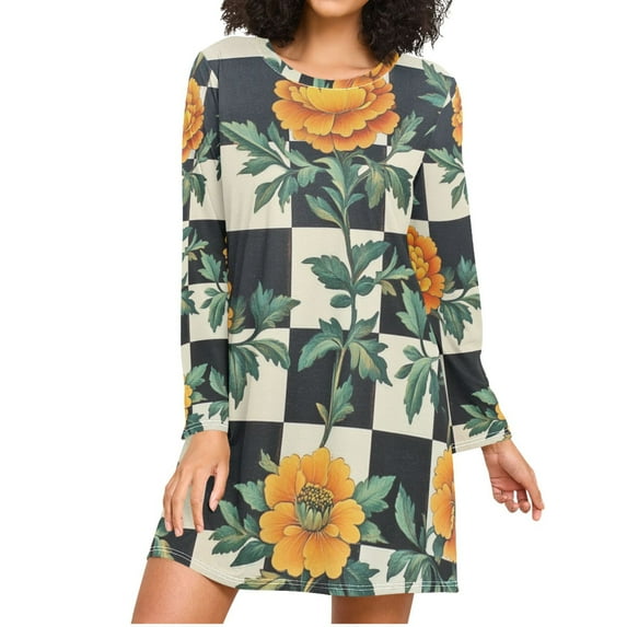 Checkerboard Plaids Yellow Flowers Women's Long Sleeves Nightgowns ...