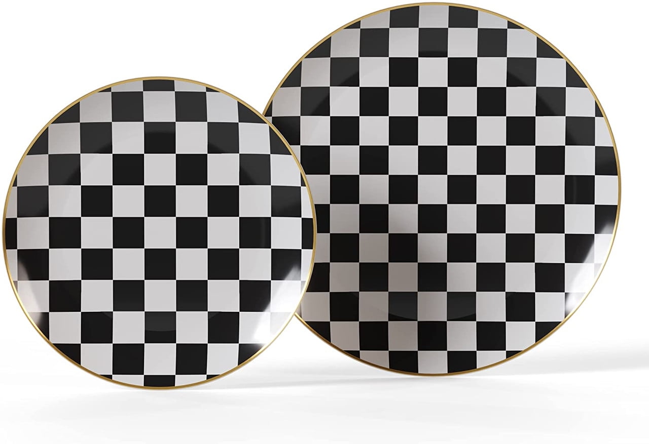 Checkerboard Plastic Wedding 10" Banquet Plates Black & White Checkered ...