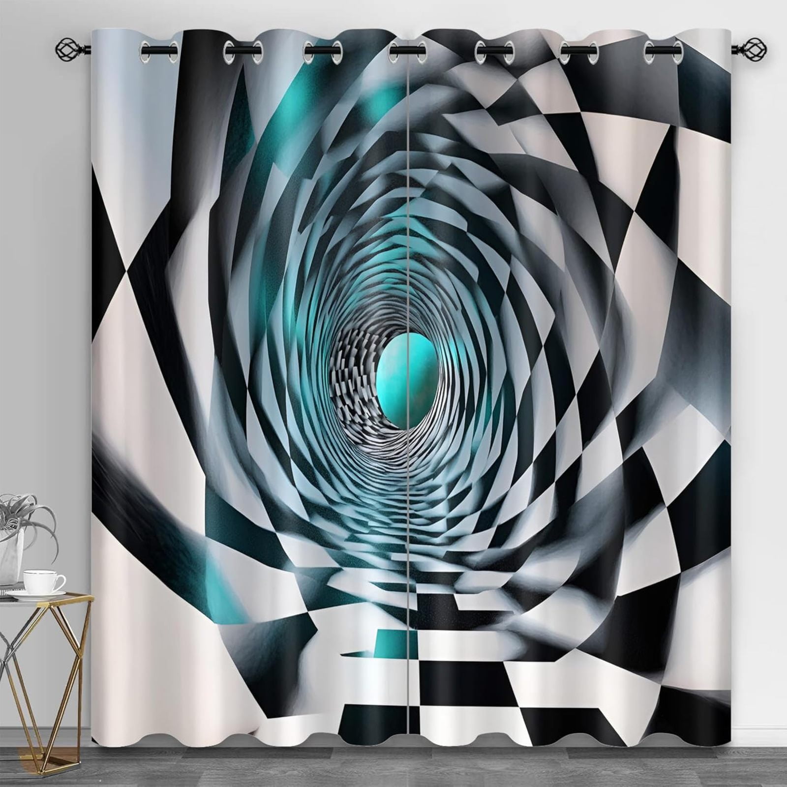 Checkerboard Print Curtain, Visual Effects Eyelet Privacy Curtain, Op ...