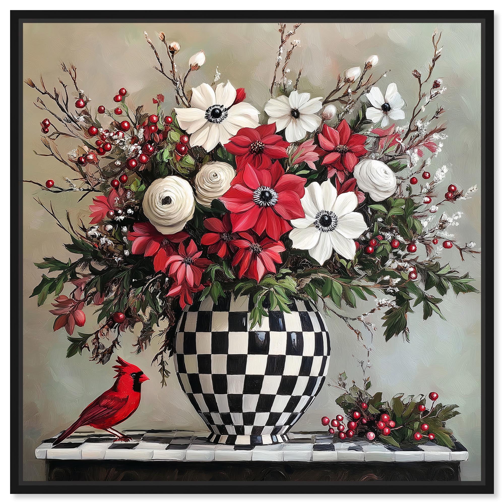 Checkerboard Vase Blooms I Canvas Floral Art by Art Remedy, Black Frame ...