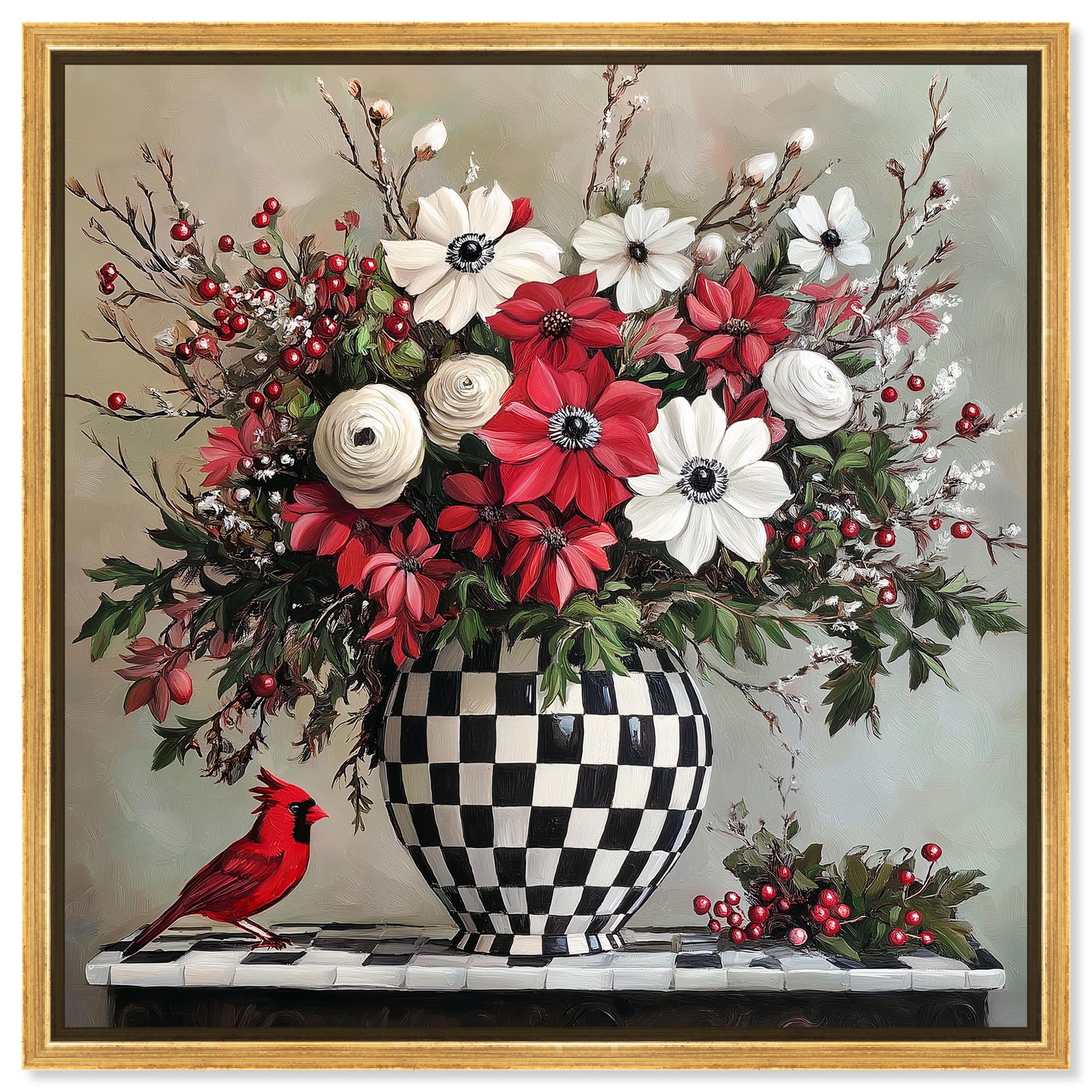 Checkerboard Vase Blooms I Canvas Floral Art by Art Remedy, Gold Frame ...
