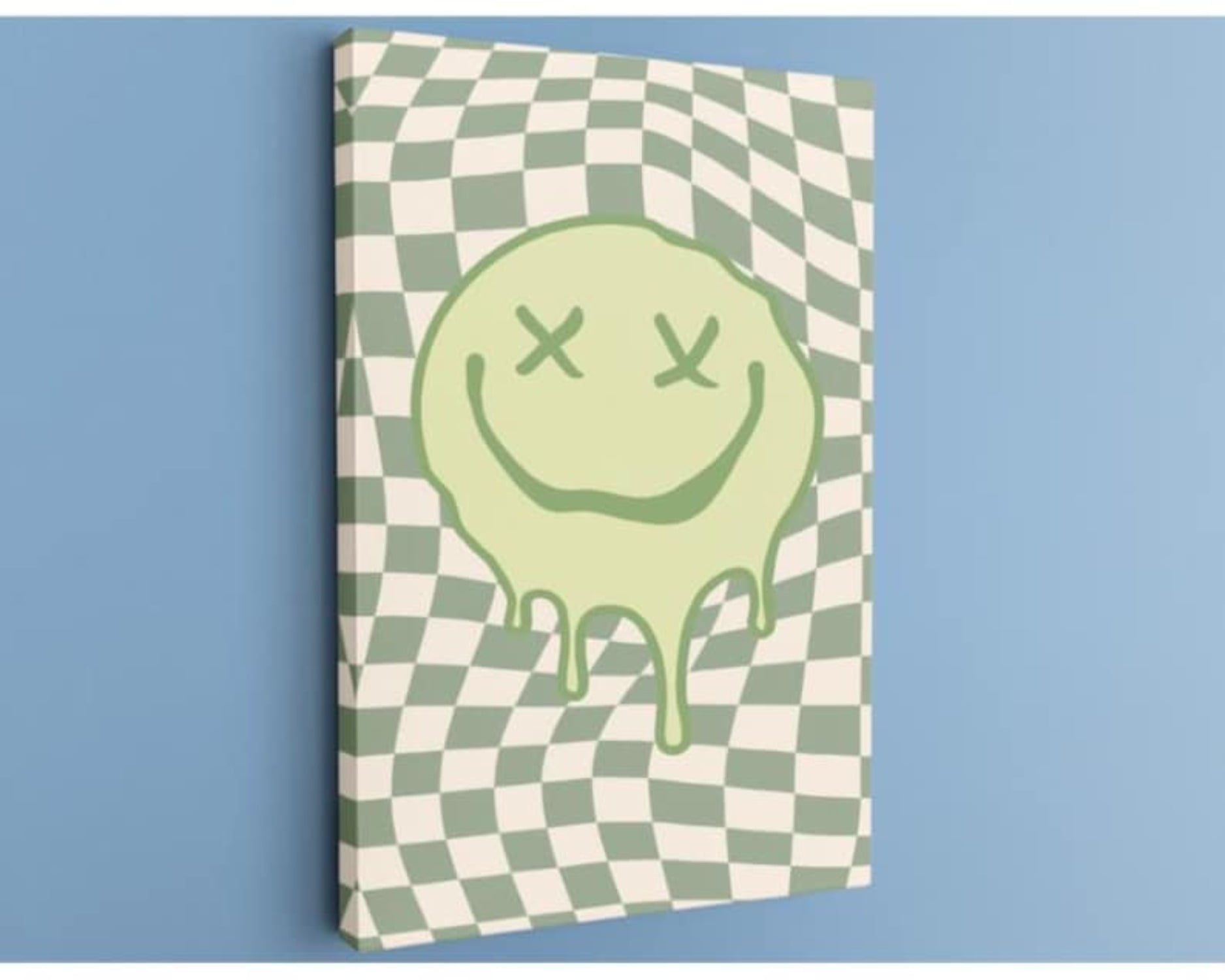 Checkerboard Wall Art, Drippy Smile Face Canvas Print, Sage Green Retro ...