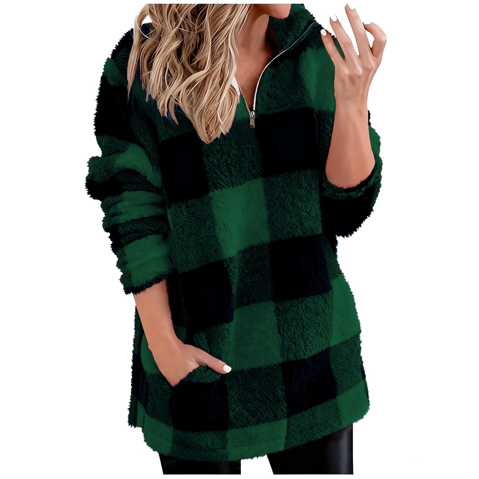 Checkered 1/4 Zipper Fleece Sweaters, Mid-Length Pullover Hoodies with ...