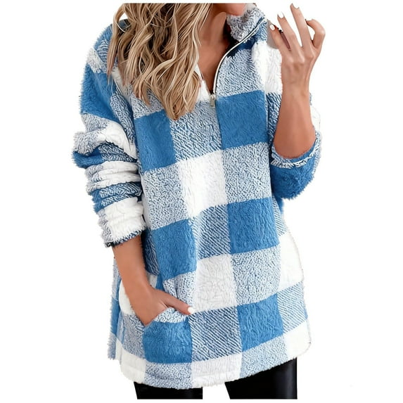 Checkered 1/4 Zipper Fleece Sweaters, Mid-Length Pullover Hoodies with ...