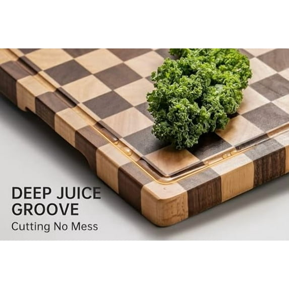 Checkered Acacia Wood Cutting Board with Juice Groove, Large Butcher ...