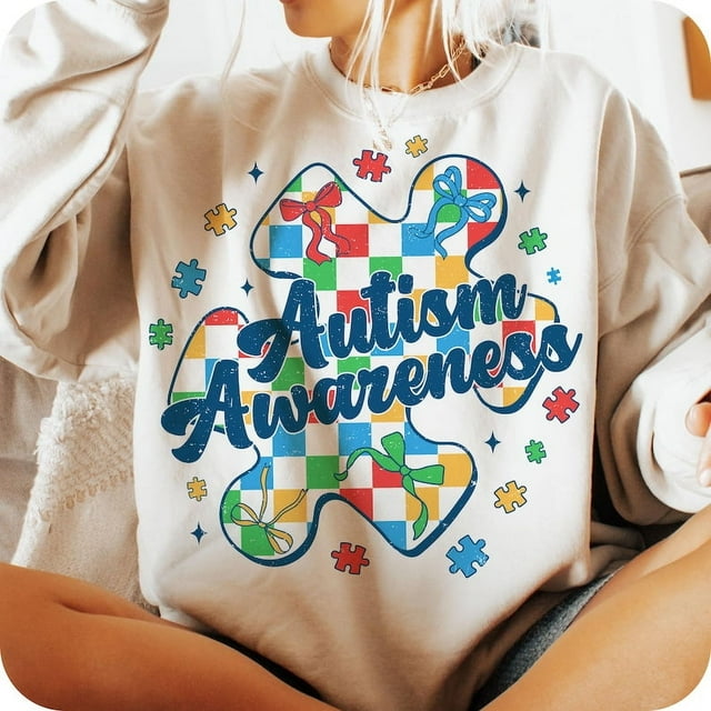 Checkered Autism Awareness Sweatshirt, Coquette Autism Bow Design ...