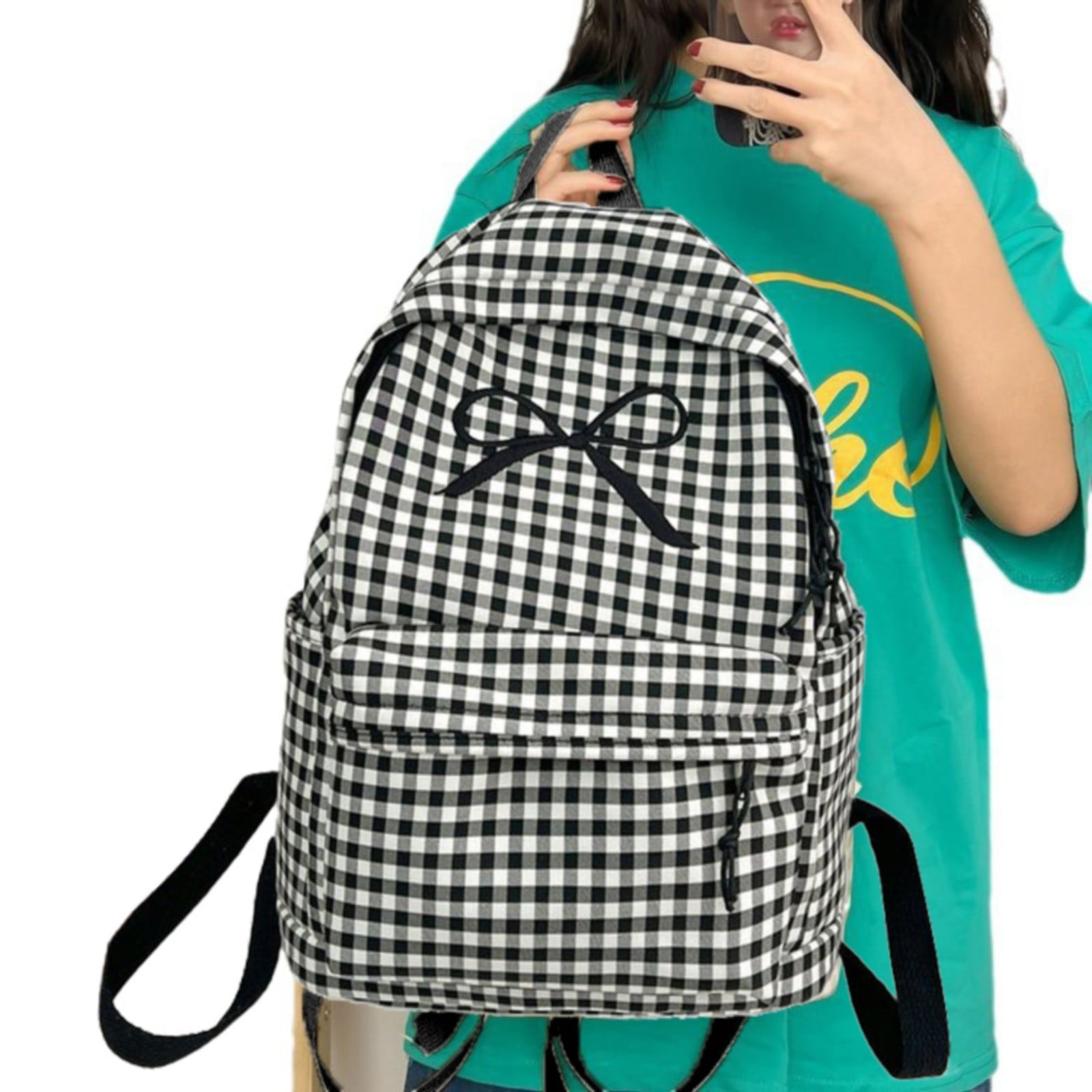 Checkered Backpack, Aesthetic Cute Bowknot Book Bag, Large Capacity ...