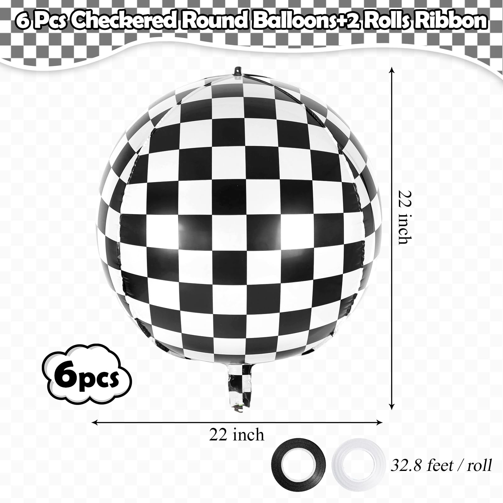 Checkered Balloons, 22 AJH3 Inch Checkered Round Foil Balloons, 6 Pcs ...