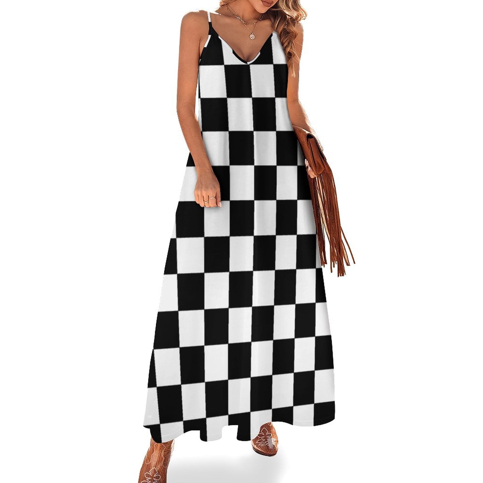 Checkered Black and White Sleeveless Dress elegant chic women dresses promotion long dress women ...