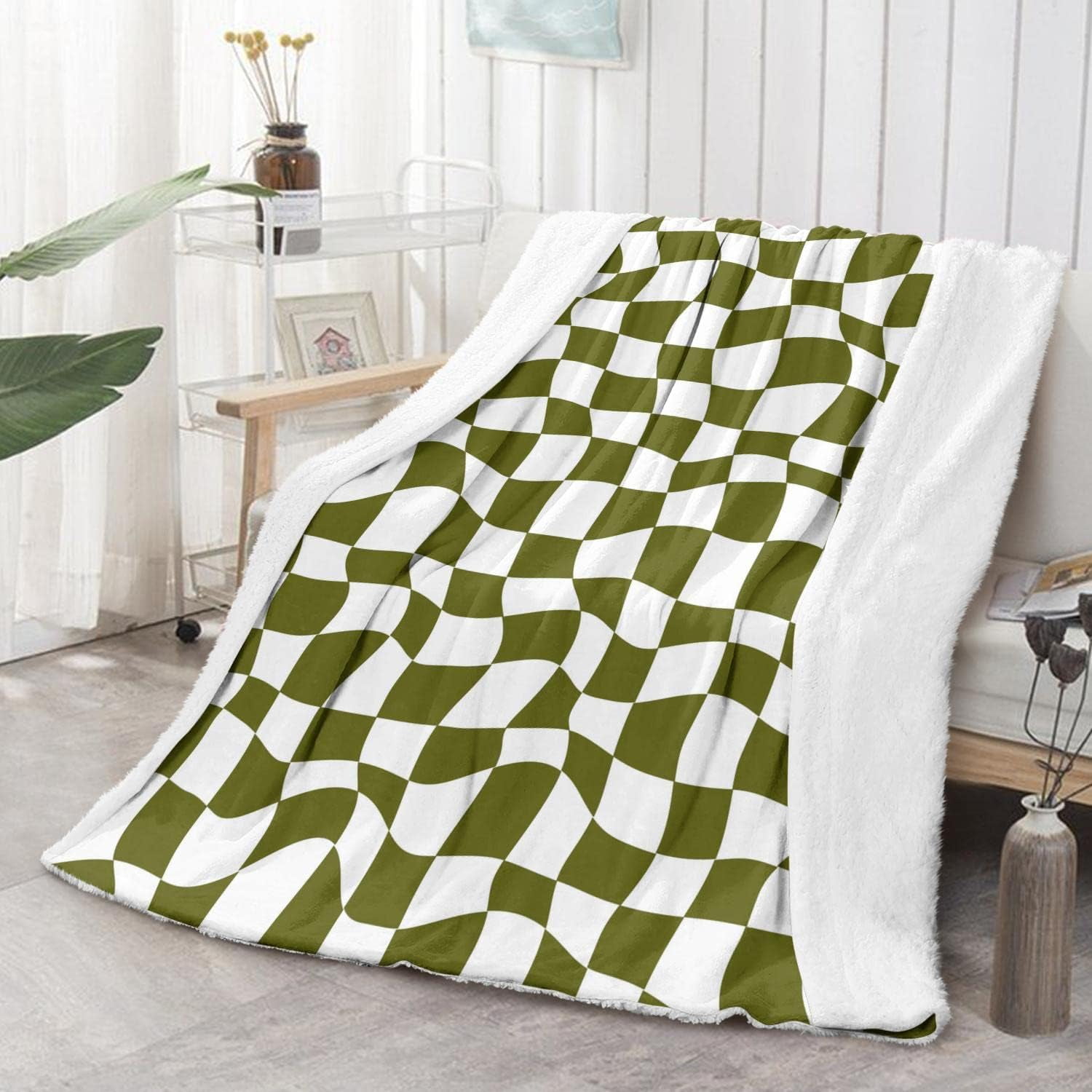 Checkered Blanket 50"x60" Flannel Fleece Checkered Sage Green Throw ...