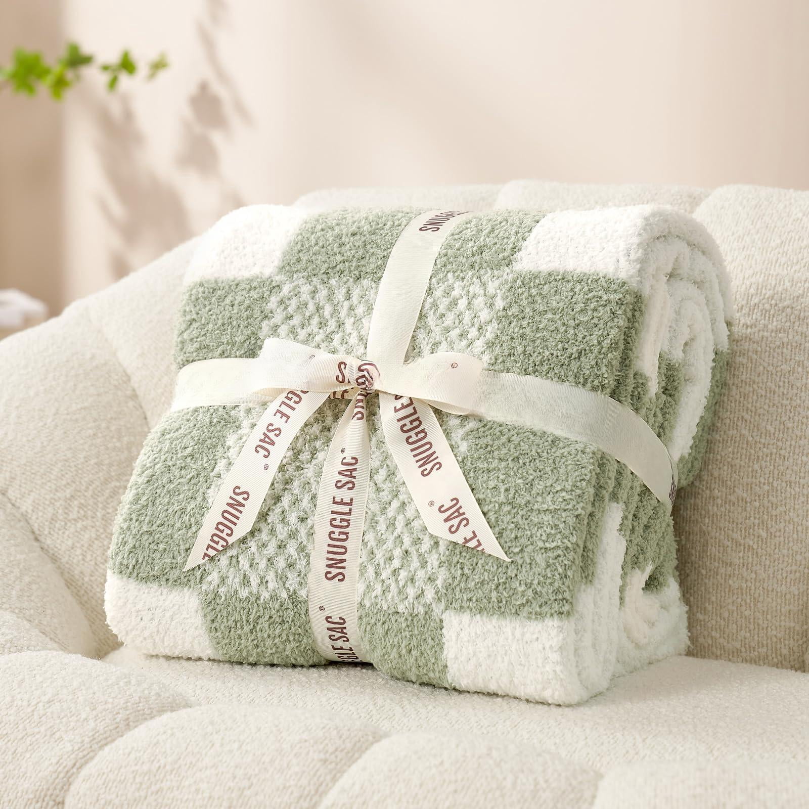 Checkered Blanket Sage Green Throw For Couch Plaid Microfiber Fluffy ...