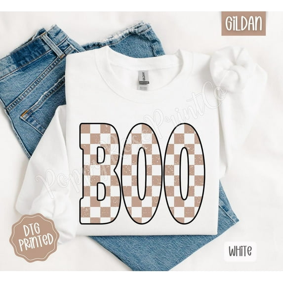 Checkered Boo Sweatshirt, Trendy Women's season Crewneck, Cute Spooky ...