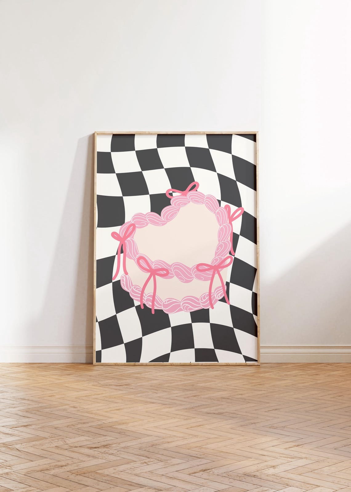 Checkered Bows Heart Cake Illustration Wall Art Preppy Pink Decor ...
